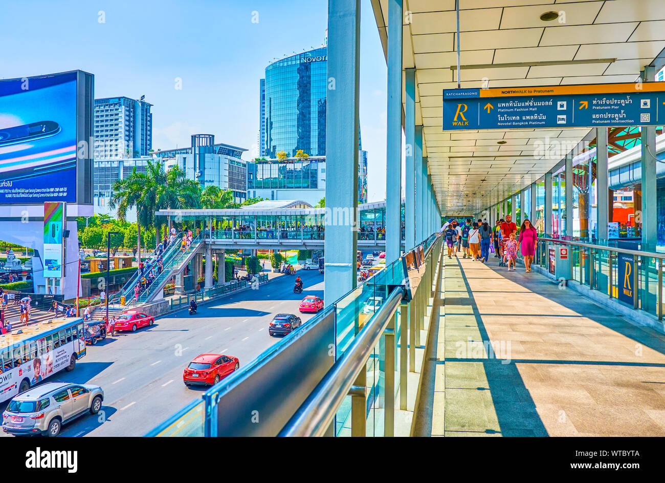 BANGKOK, THAILAND - APRIL 24, 2019: The long covered skywalk is the ...