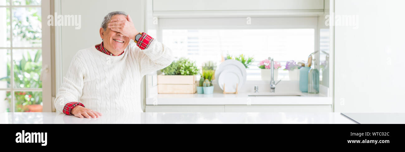 Wide angle perspective of handsome senior man at home smiling and ...