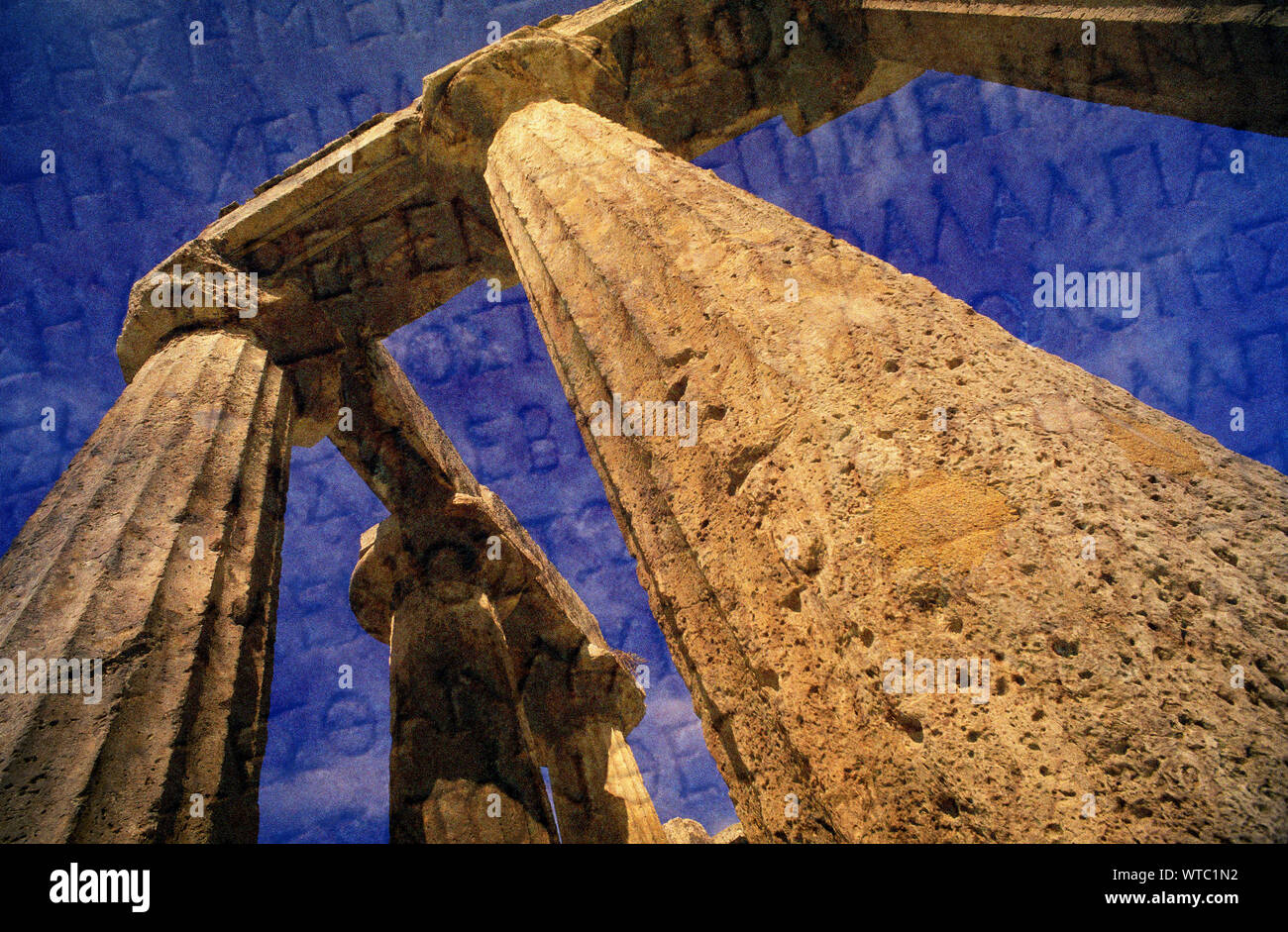 Temple of Apollo with Ancient Greek Writing superimposed on it, Corinth ...