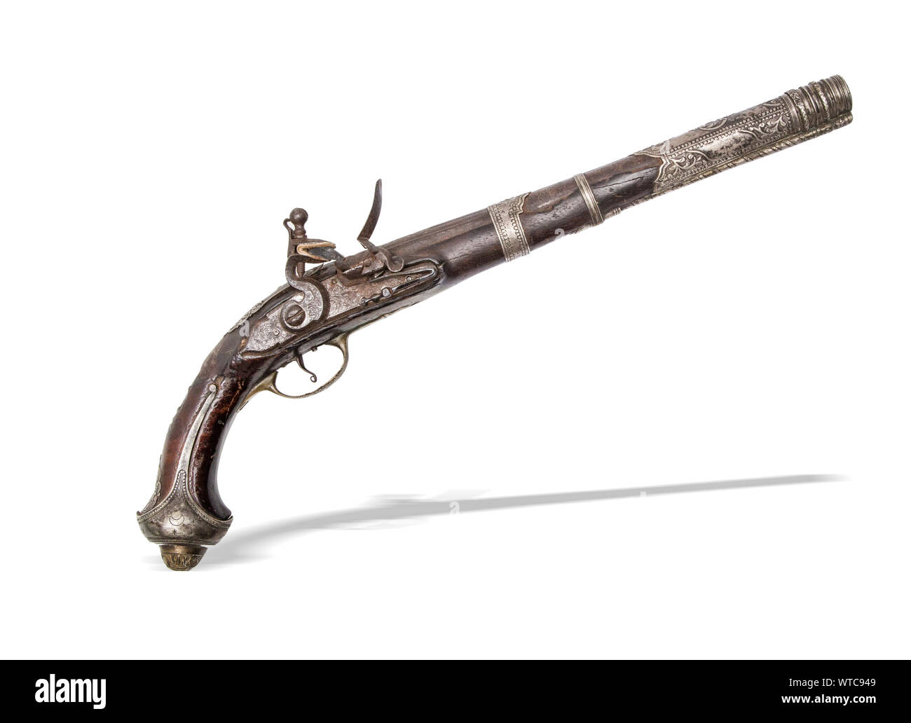 19th century Turkish Ottoman flintlock pistol with silver mounts and ...