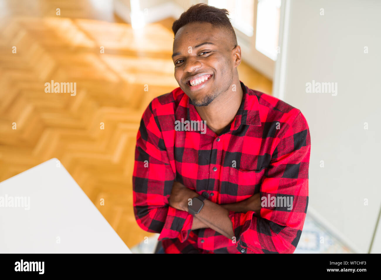 Overhead angle of handsome african american man happy face smiling with ...
