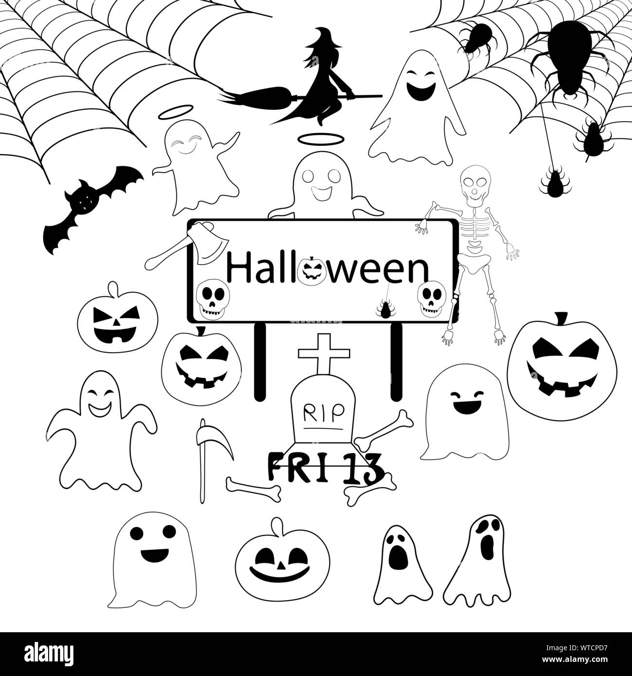 Halloween black and white color vector illustrations Stock Vector Image ...