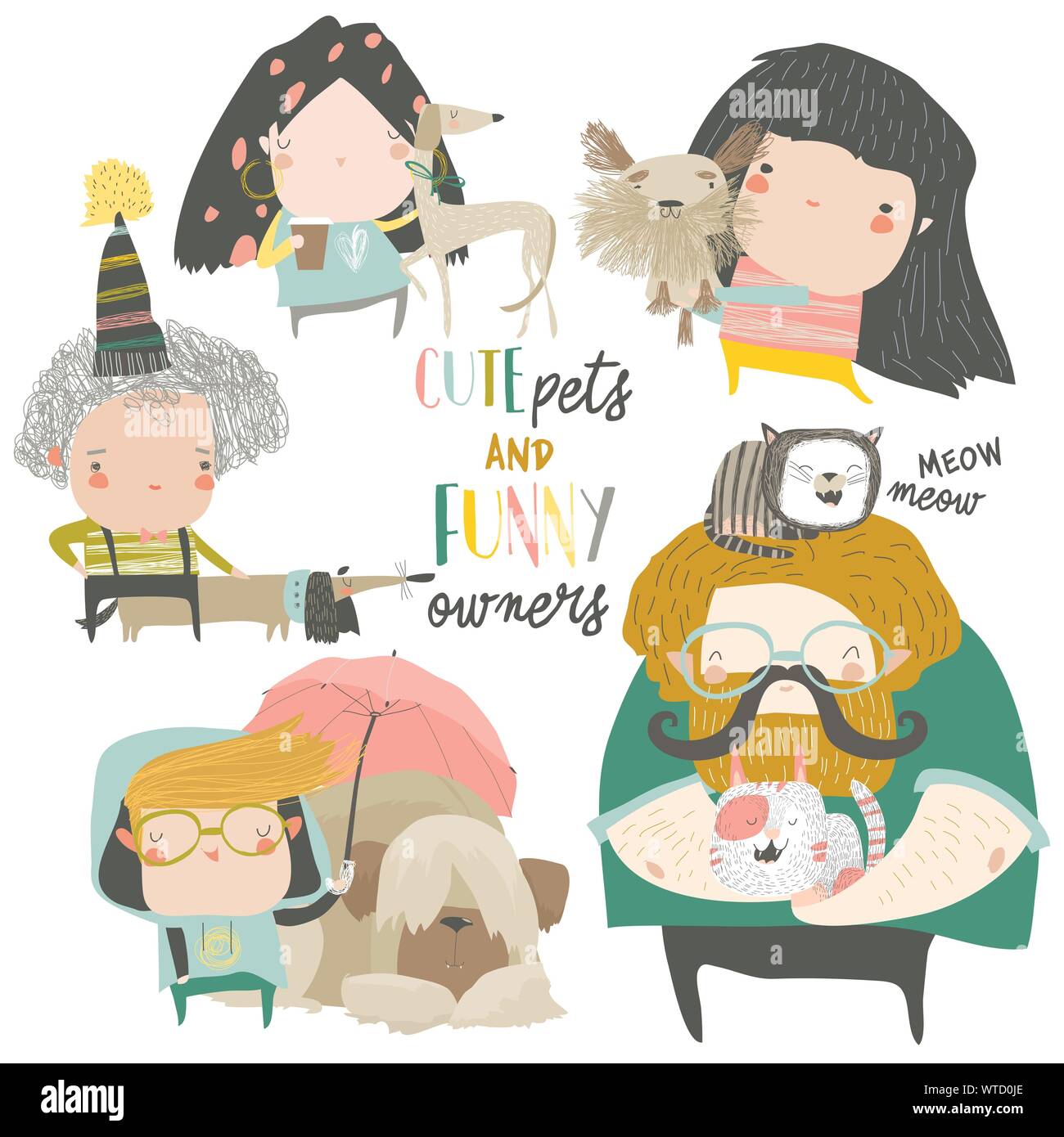 Cute pets with their owners. Funny cartoon dogs Stock Vector Image ...