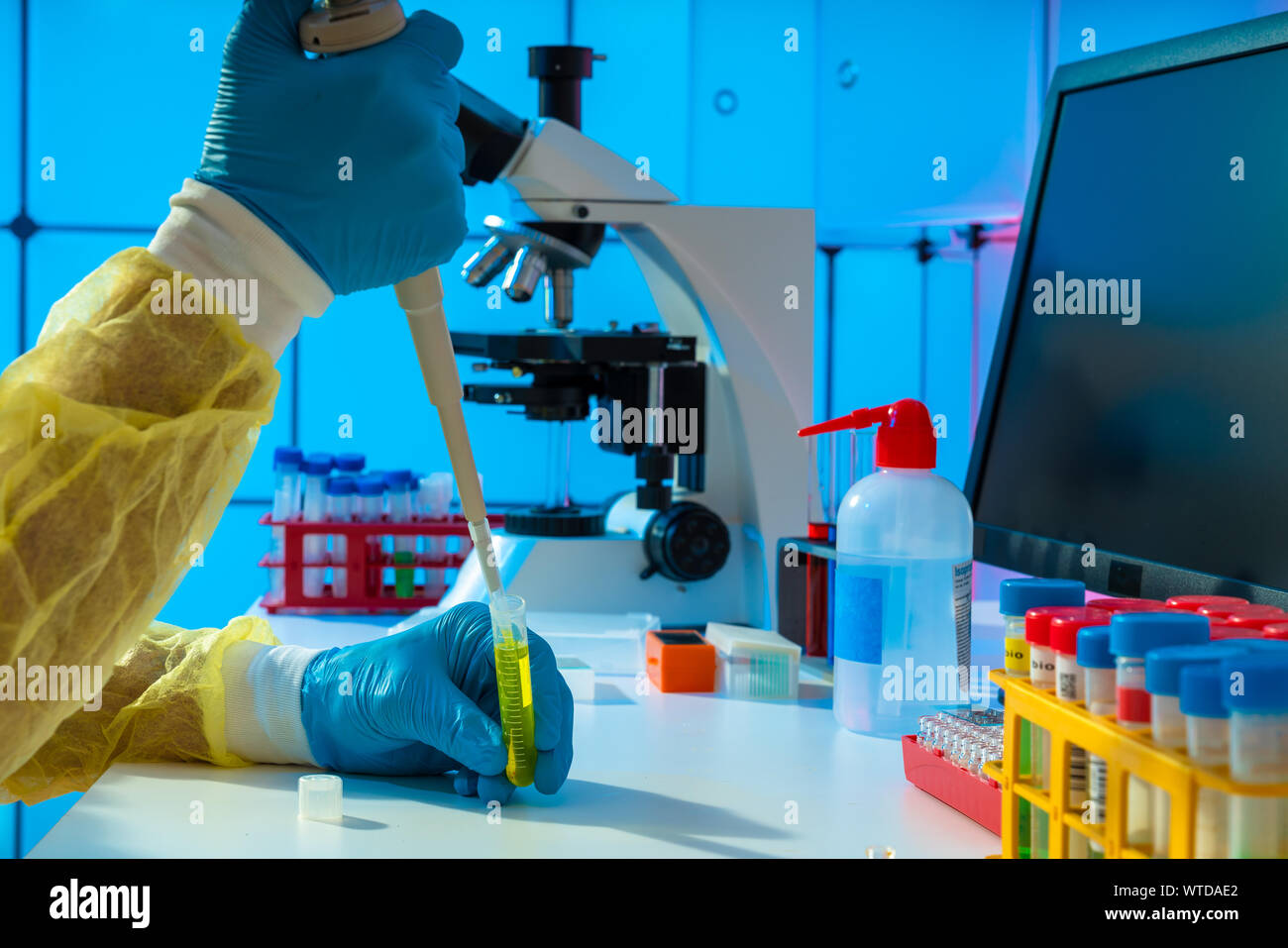 Scientific experiment in microbiological lab. Microscope and test tube ...