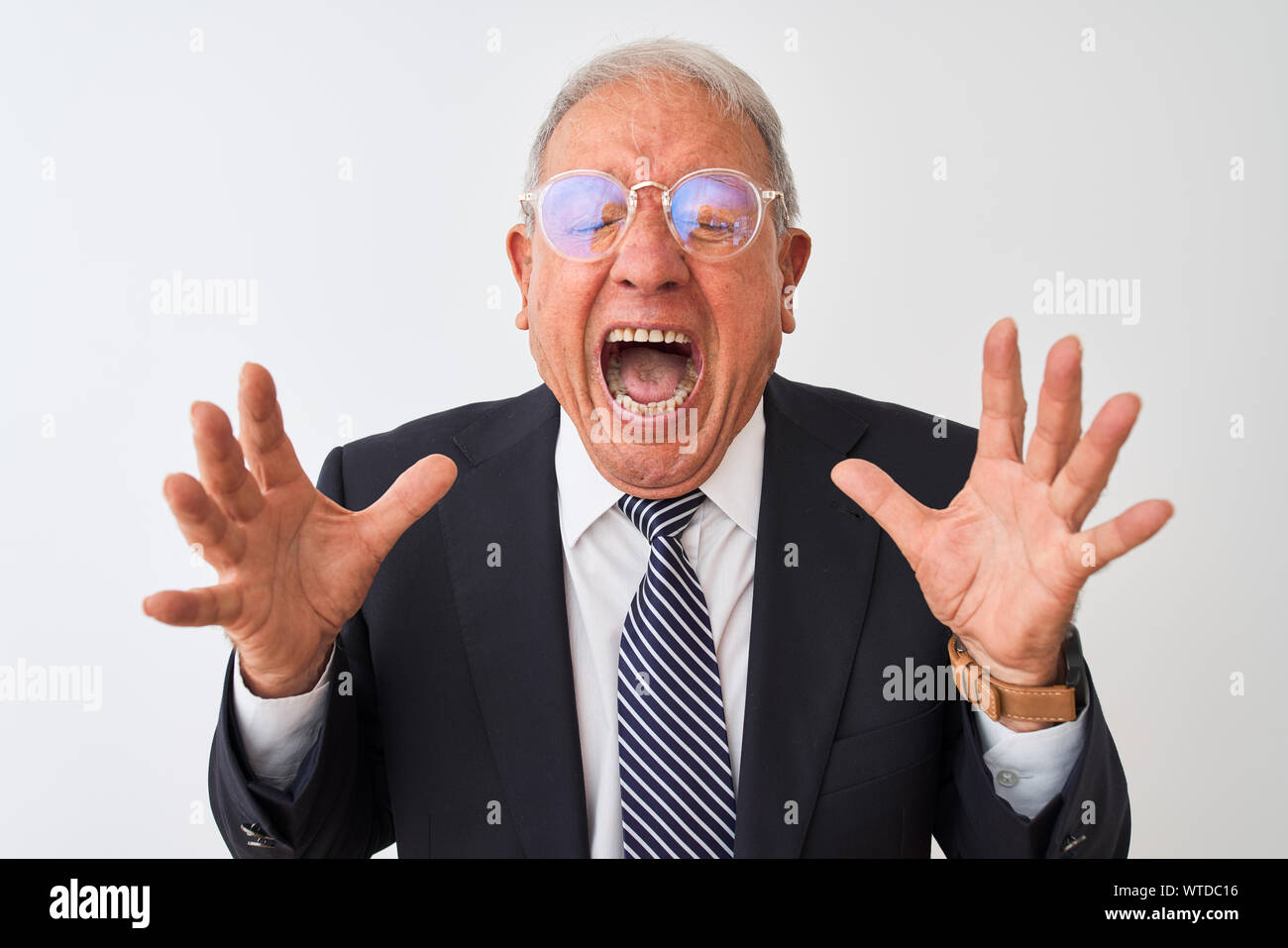 Senior grey-haired businessman wearing suit and glasses over isolated ...