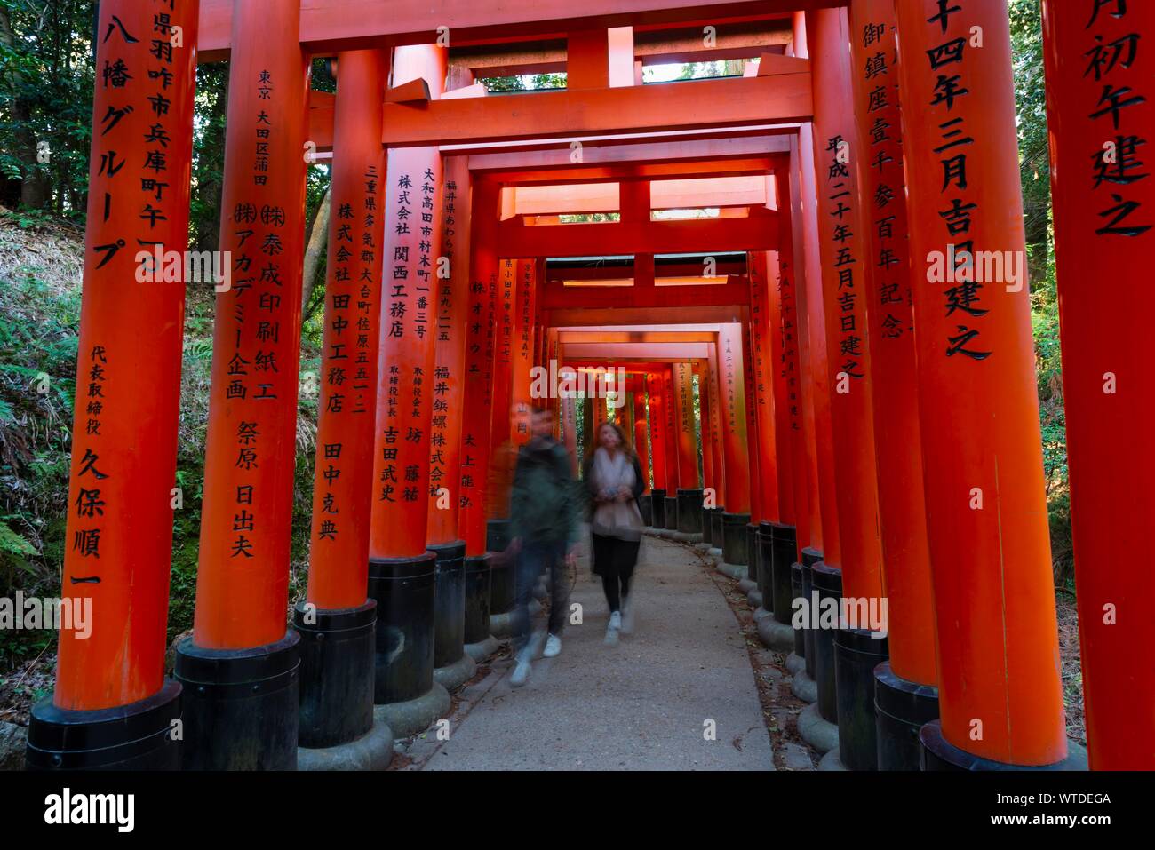 Pedestrians at Fushimi Inari Taisha, Shinto shrine, many red ...