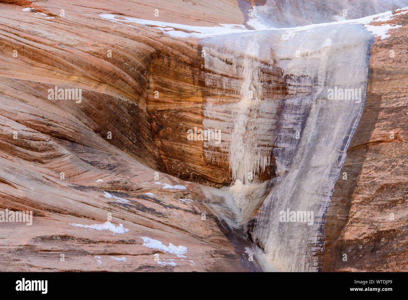 Slickrock and frozen waterfall, Zion National Park, Utah, USA Stock ...