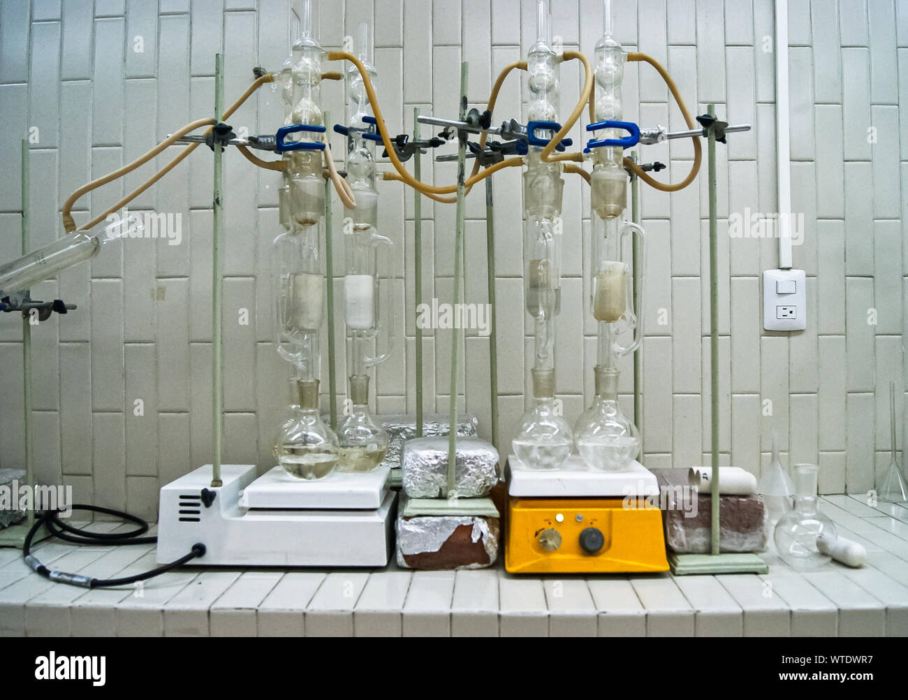 Test tubes and filters in clinic, pharmacy and medical research ...