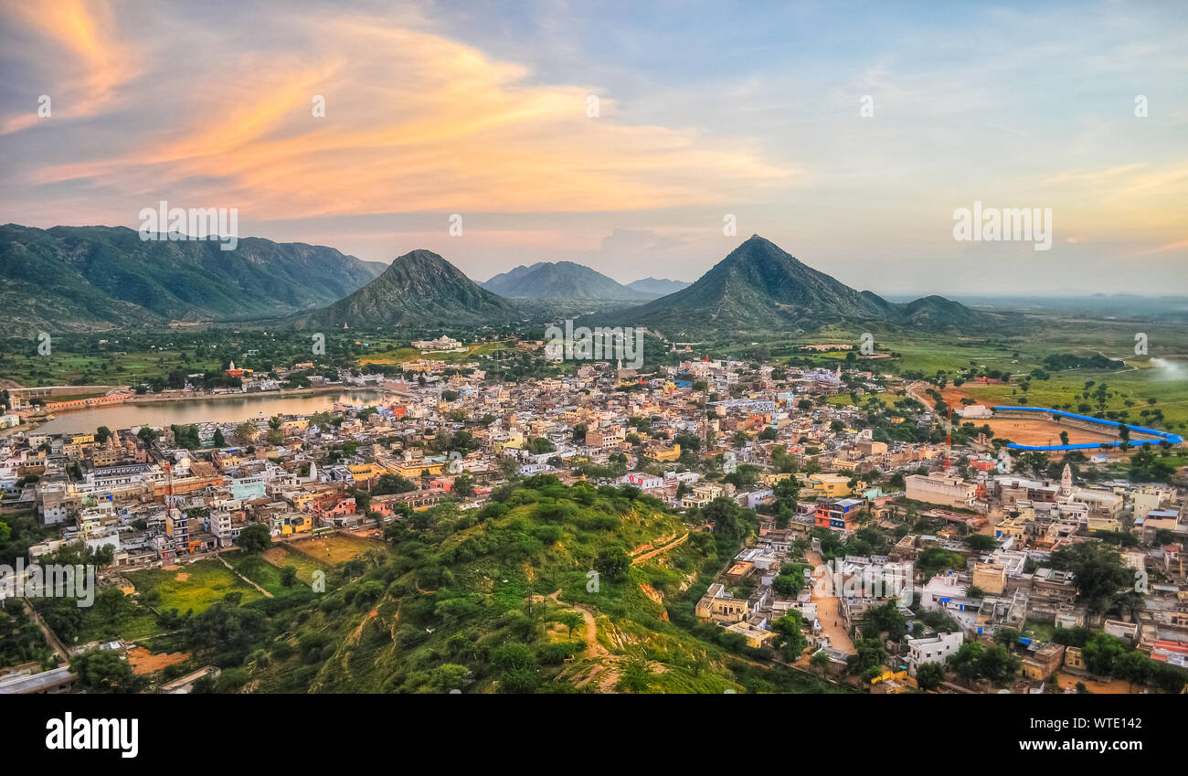 Holy city Pushkar top view of the city and mountains from lookout at ...