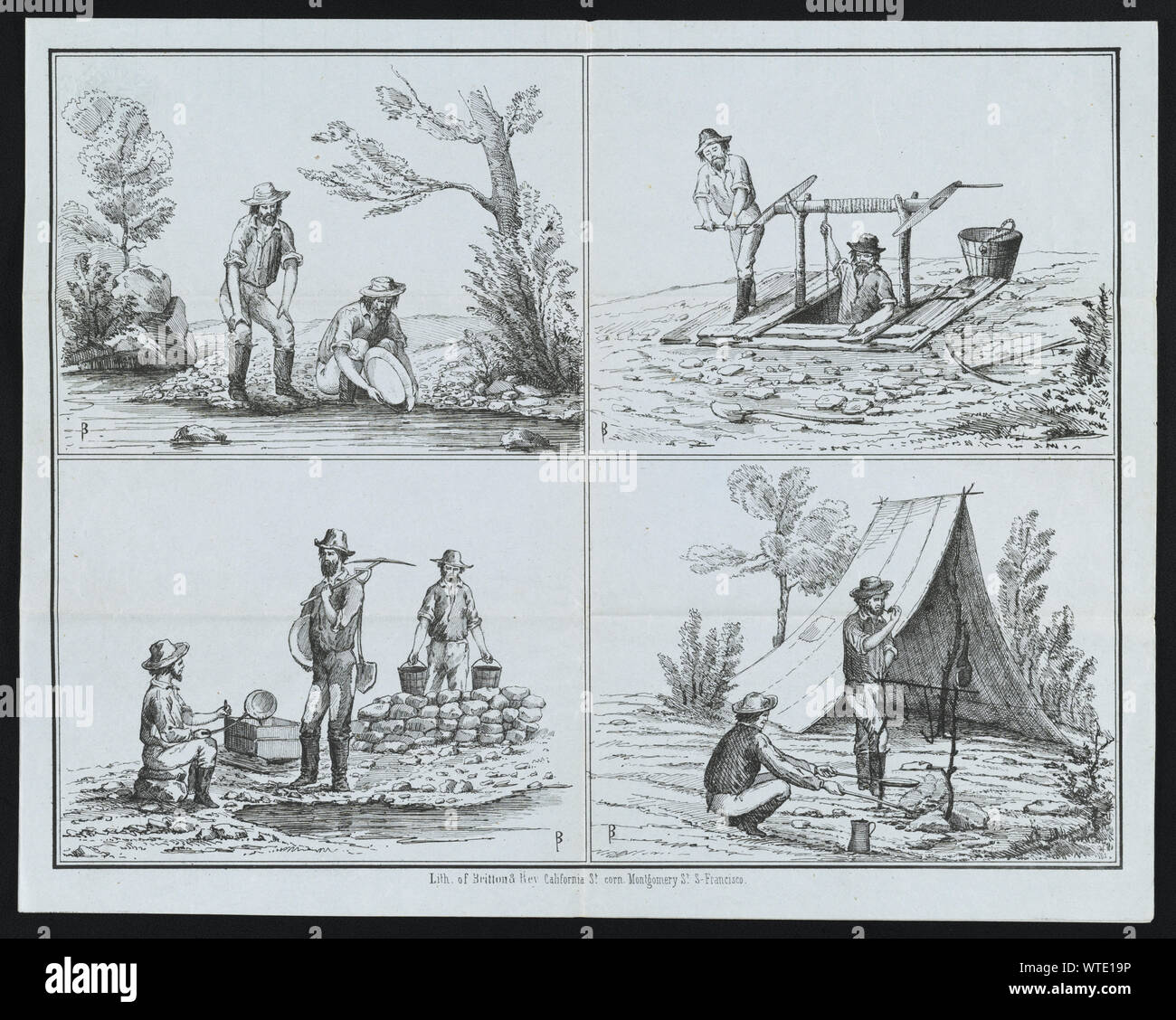 Miners panning for gold ; entering a mine shaft ; miners with equipment ...