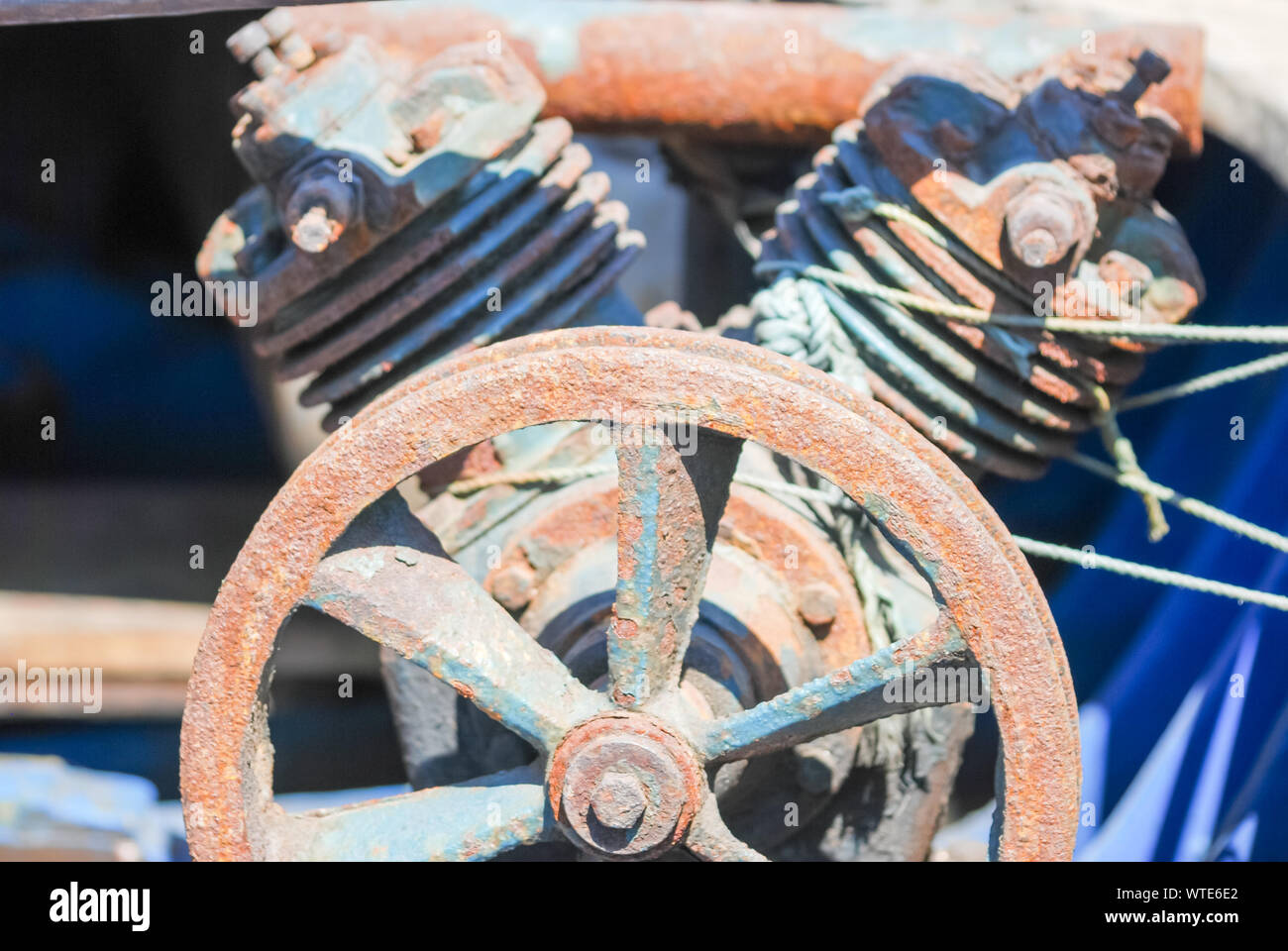 V-twin two cylinder old engine motor close up. Selective focus Stock ...
