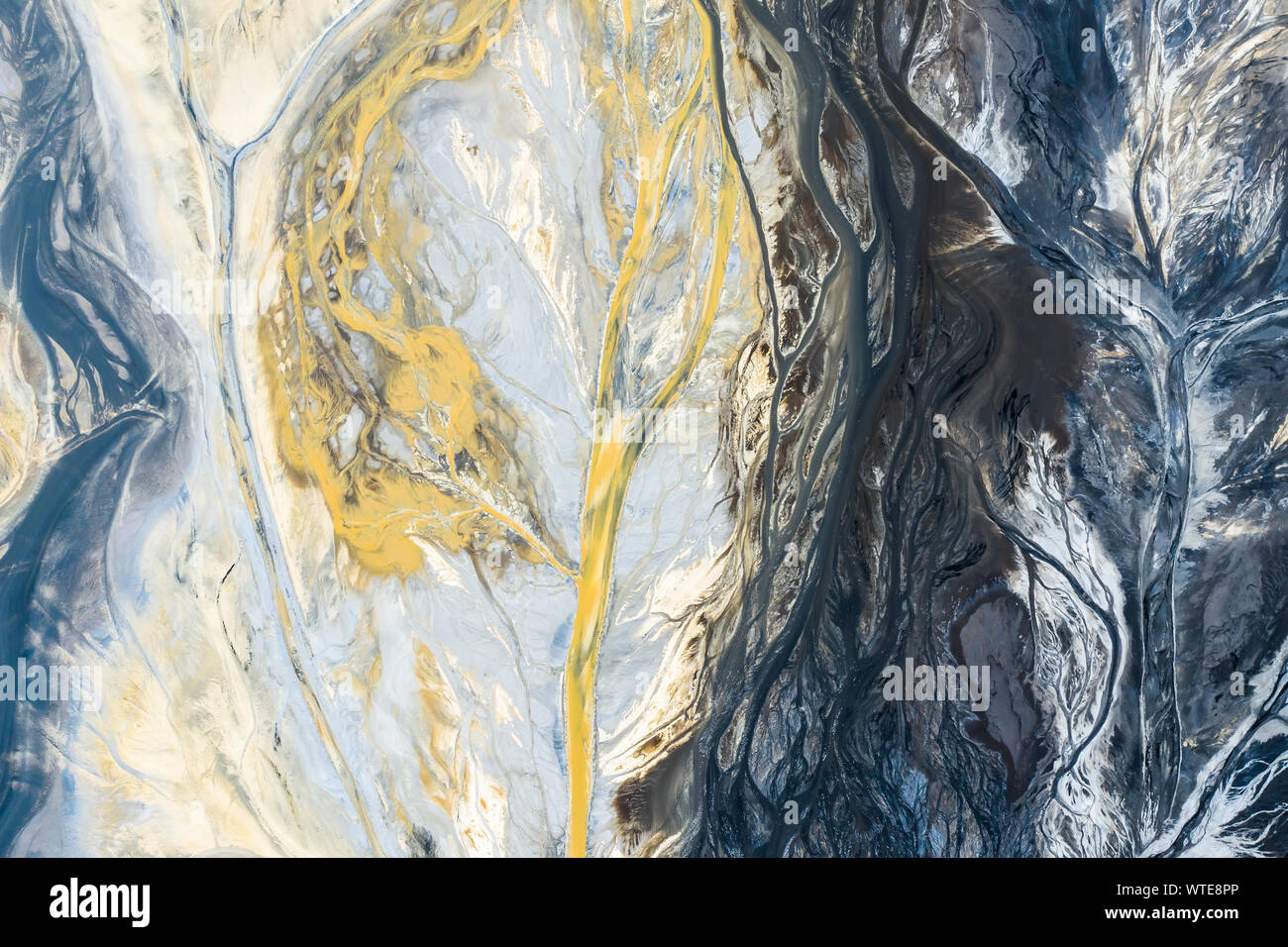 Degraded landscape. Destroyed land. View from above. Surrealistic lake ...