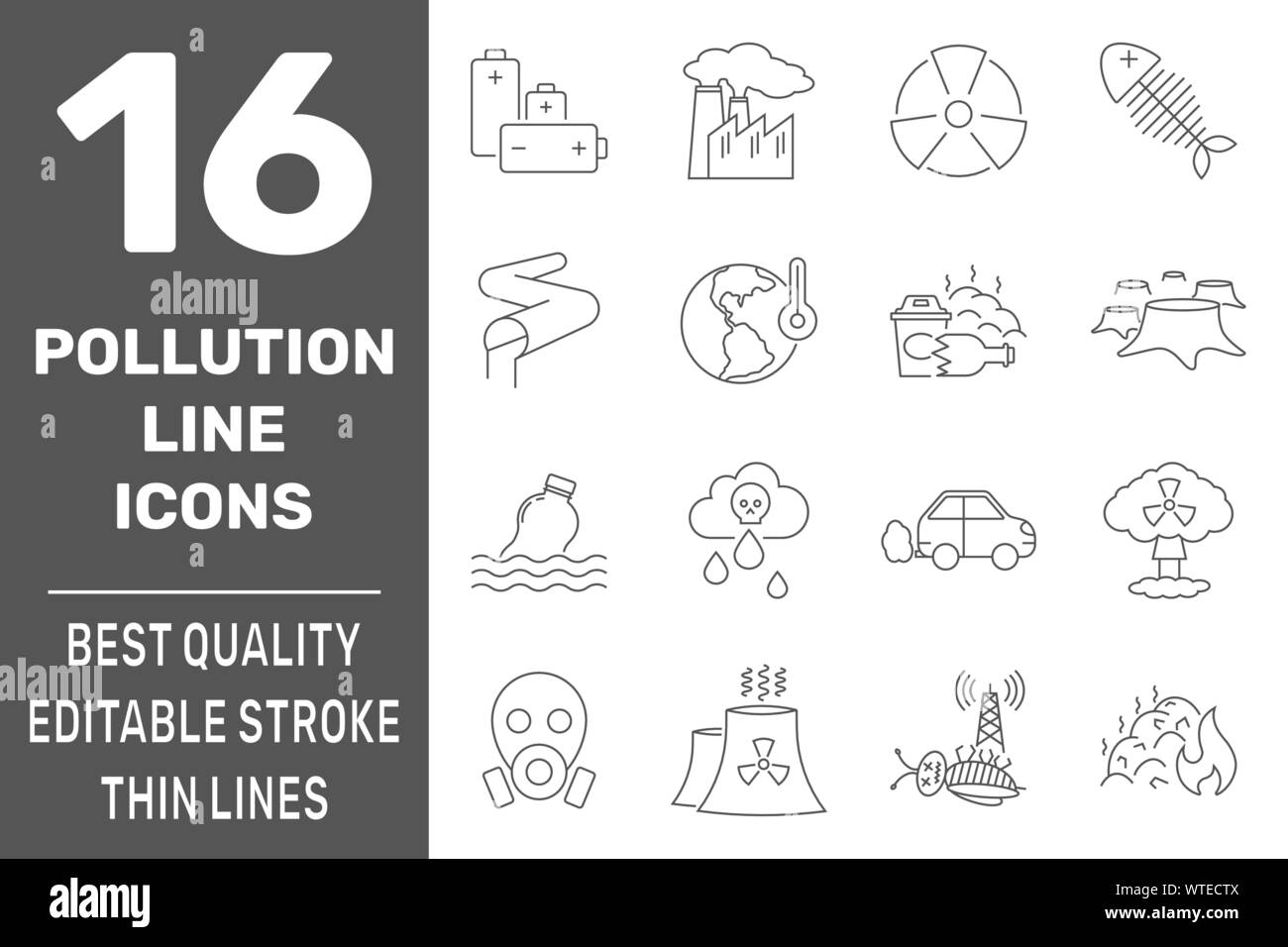 Ecology problems line icons set with pollution symbols, isolated vector ...