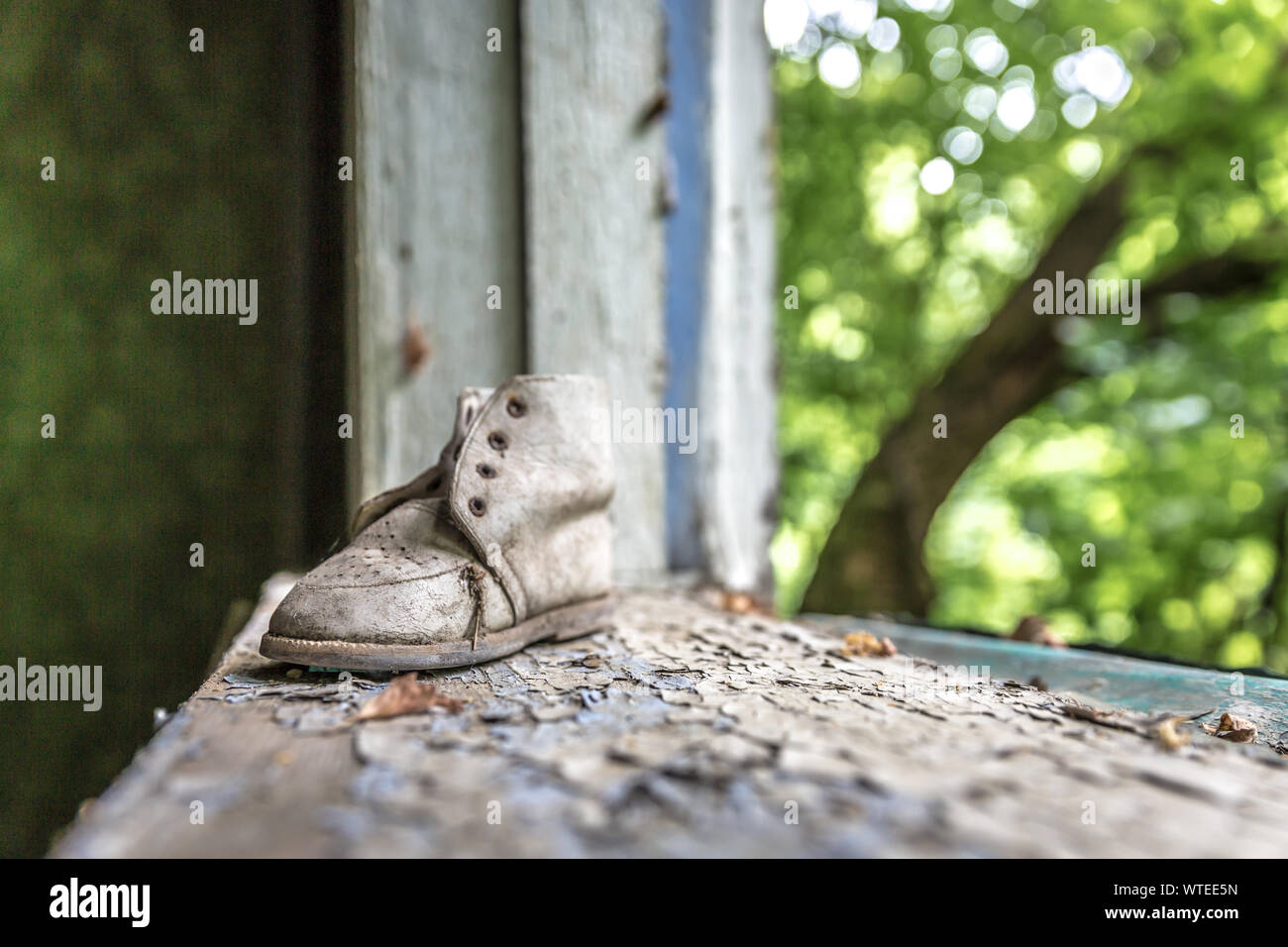 One old kid's shoes abandoned in a school in Chernobyl, Ukraine Stock ...
