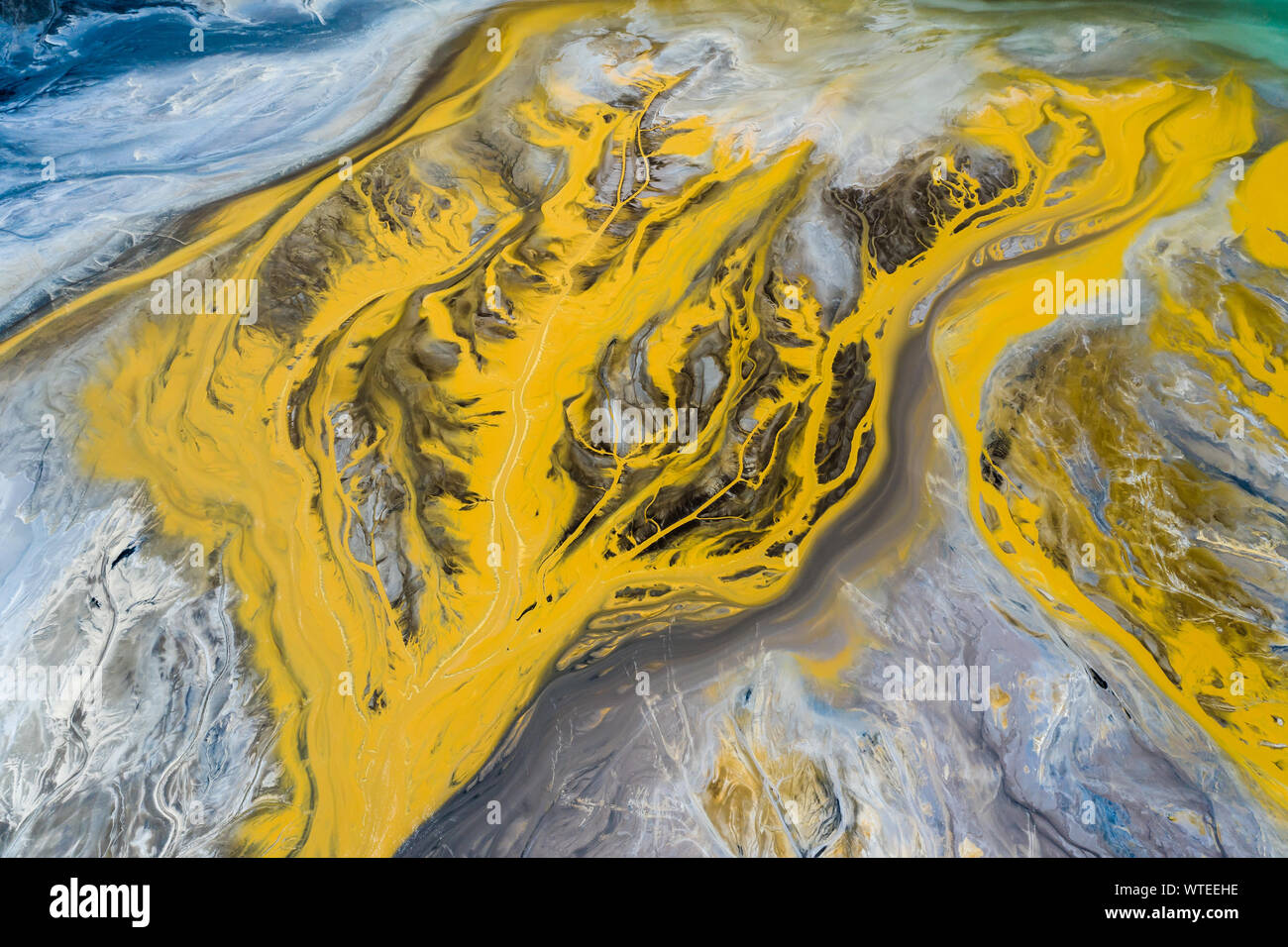 Degraded landscape. Destroyed land. View from above. Surrealistic lake ...