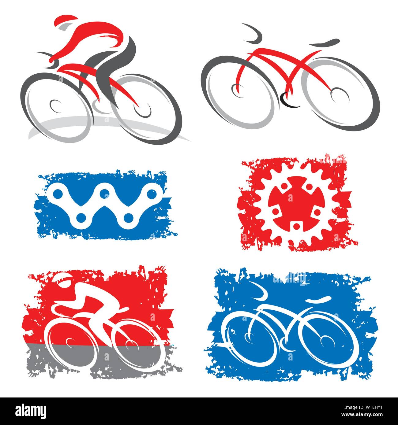Cyclists and cycling elements icons. Set of colorful cycling symbols ...