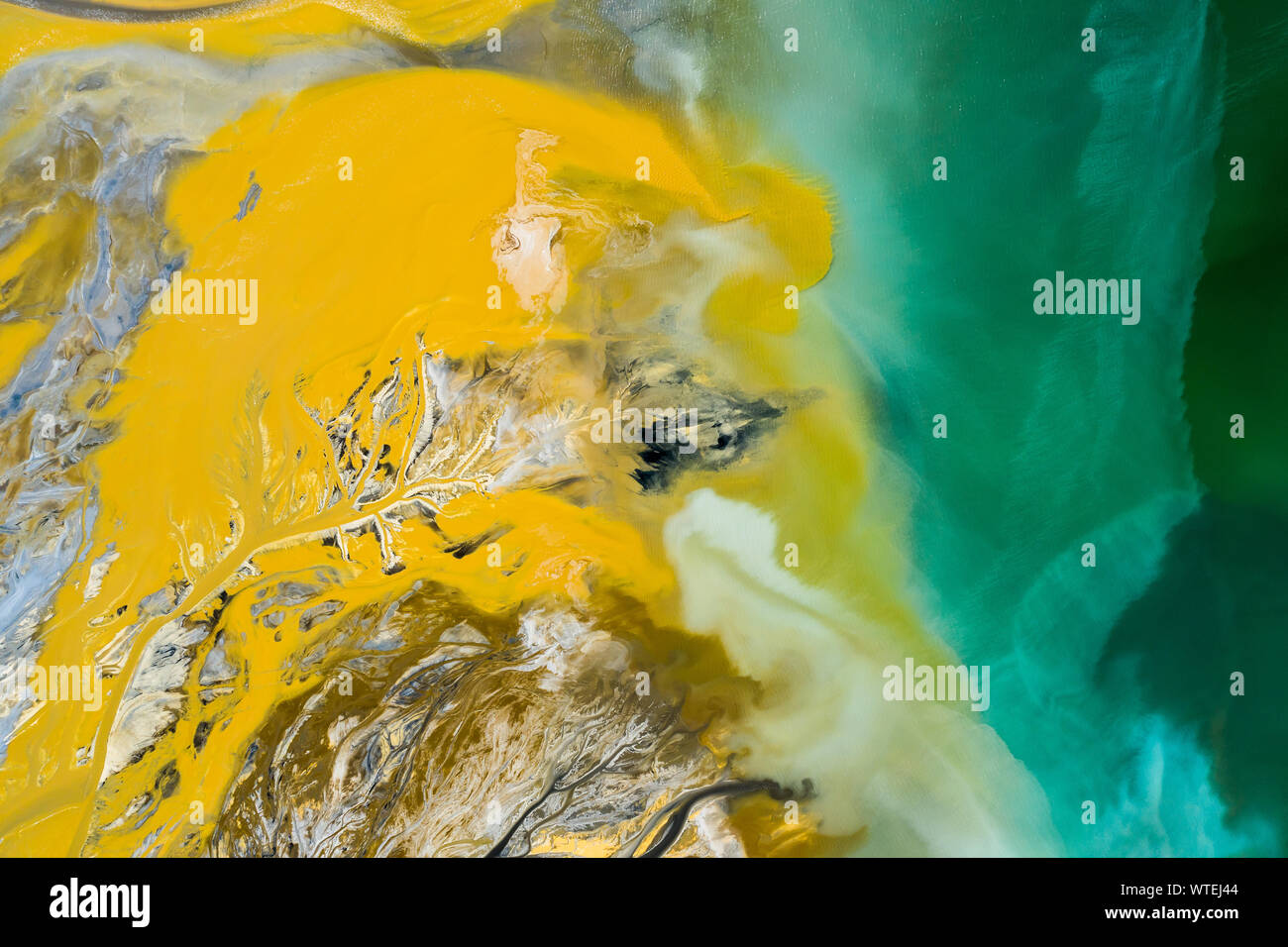 Degraded landscape. Destroyed land. View from above. Surrealistic lake ...