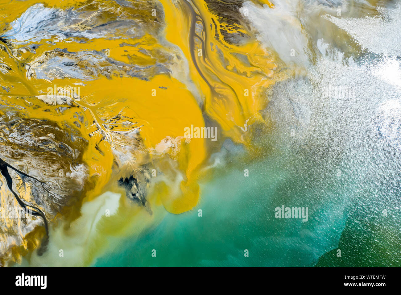 Degraded landscape. Destroyed land. View from above. Surrealistic lake ...