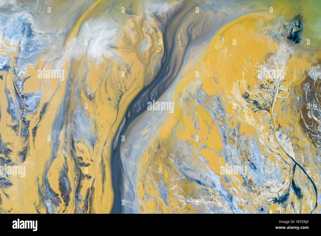 Degraded landscape. Destroyed land. View from above. Surrealistic lake ...