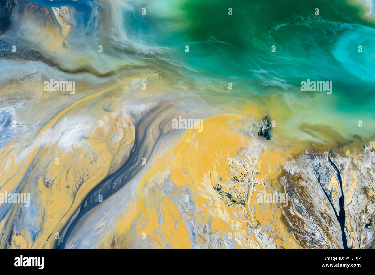 Degraded landscape. Destroyed land. View from above. Surrealistic lake ...