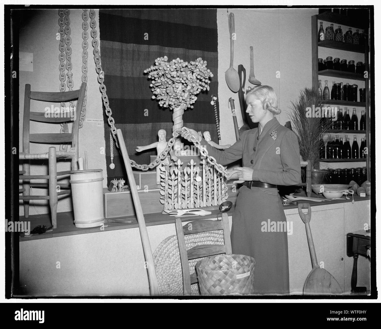 Miss Elizabeth Brubaker, with hand carved chains of wood--also, dishes ...