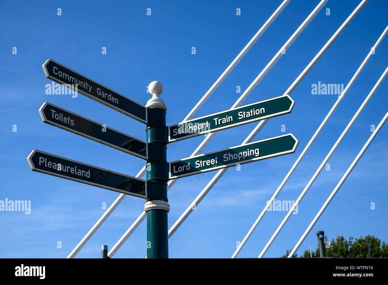 Wooden guide poles and tourists information poles in Southport, England ...