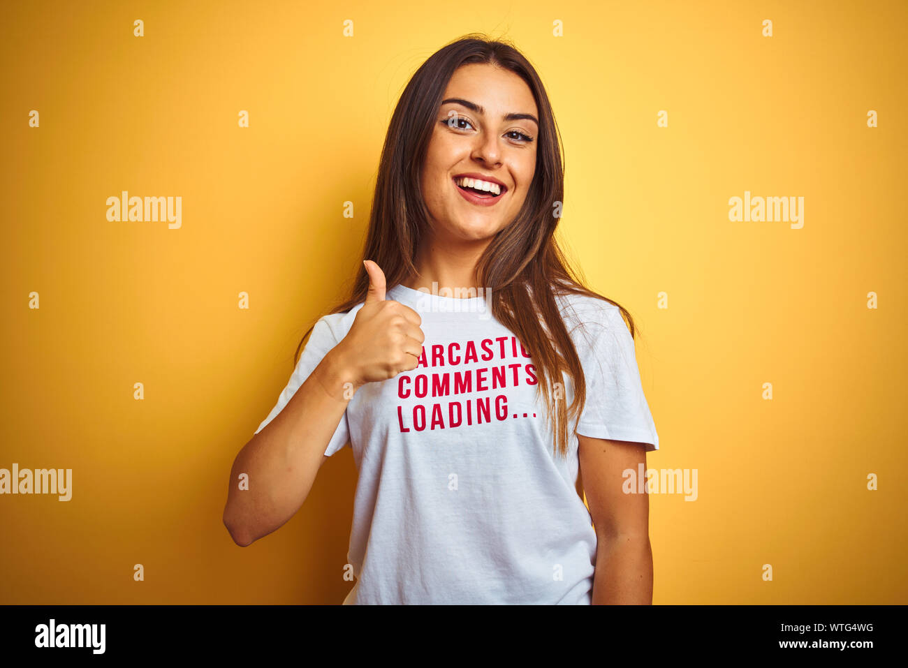 Beautiful woman wearing fanny t-shirt with irony comments over isolated ...