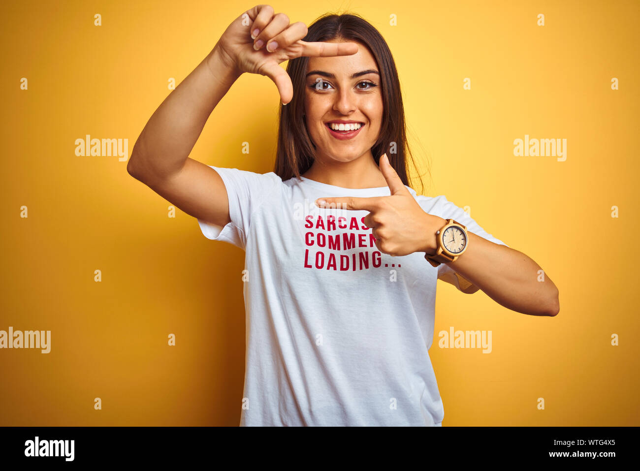 Beautiful woman wearing fanny t-shirt with irony comments over isolated ...