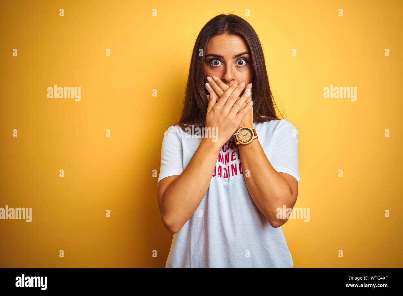Beautiful woman wearing fanny t-shirt with irony comments over isolated ...