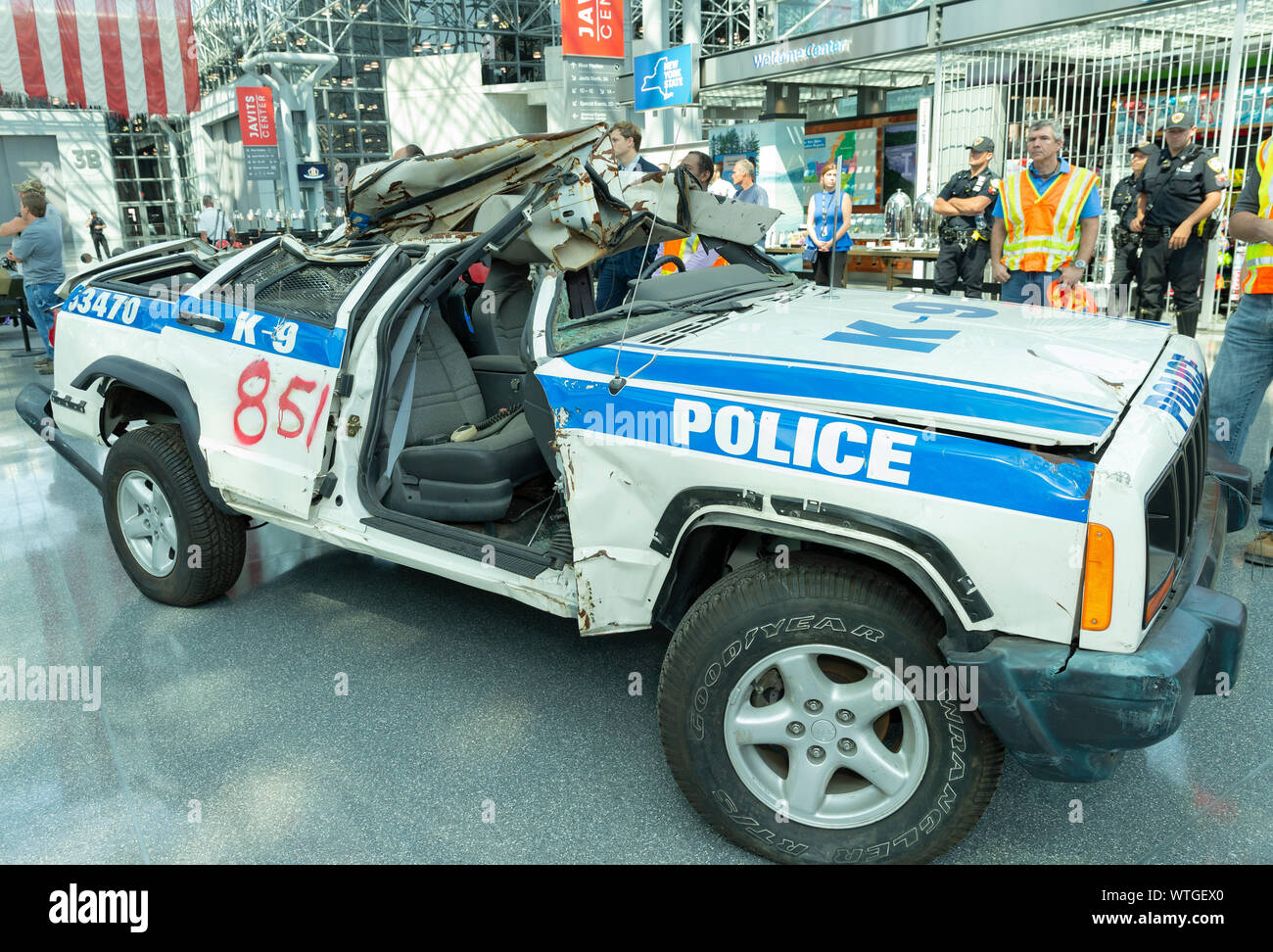 New York, NY - September 11, 2019: Damaged NYPD car on display during 9 ...