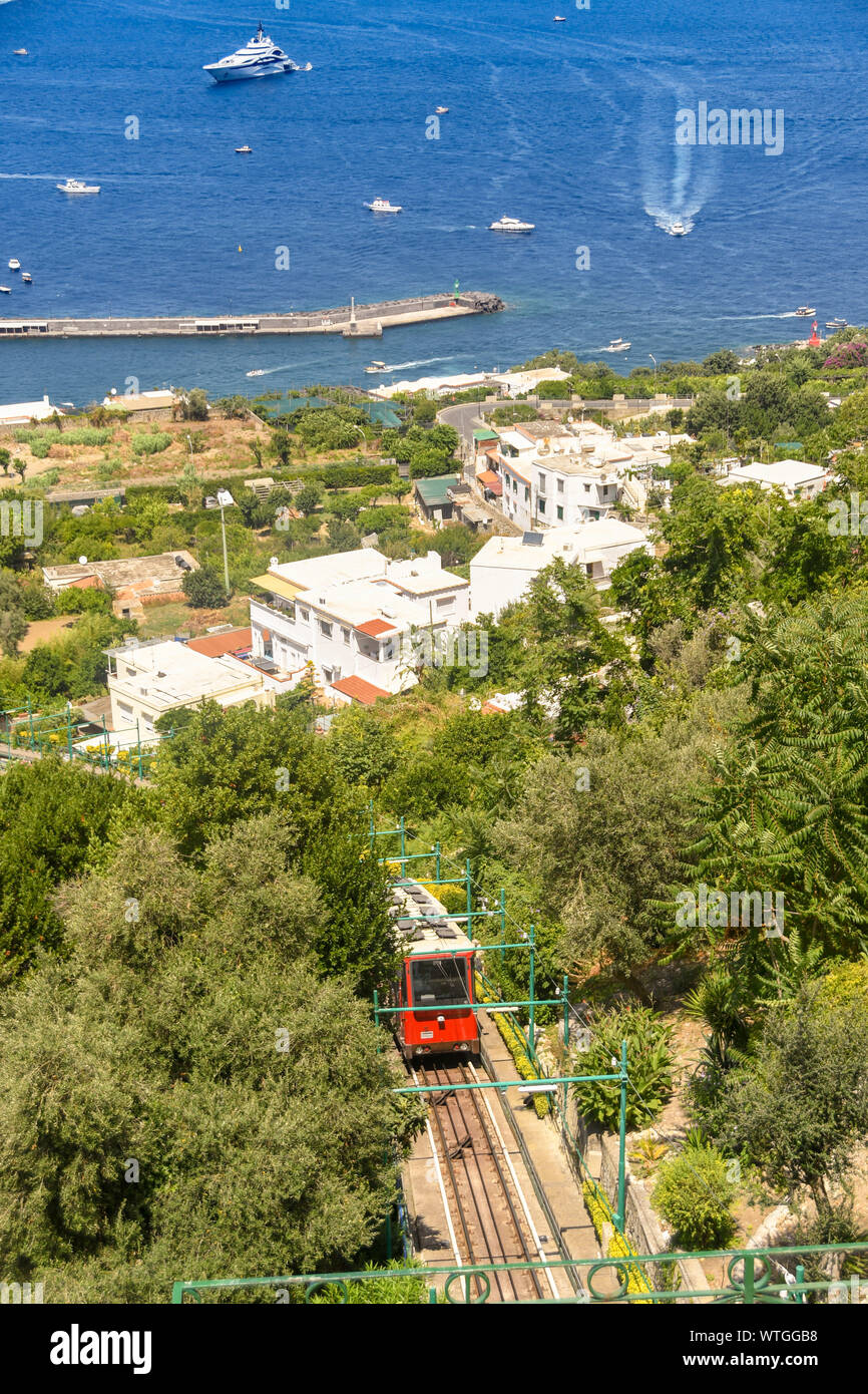 ISLE OF CAPRI, ITALY - AUGUST 2019: Train on the funicular railway on ...