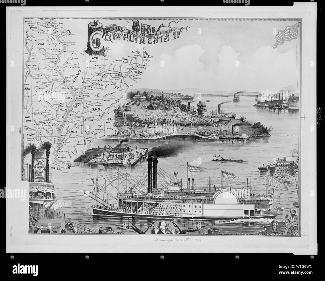 Steamboats on river with scenes of african americans on raft Black and ...