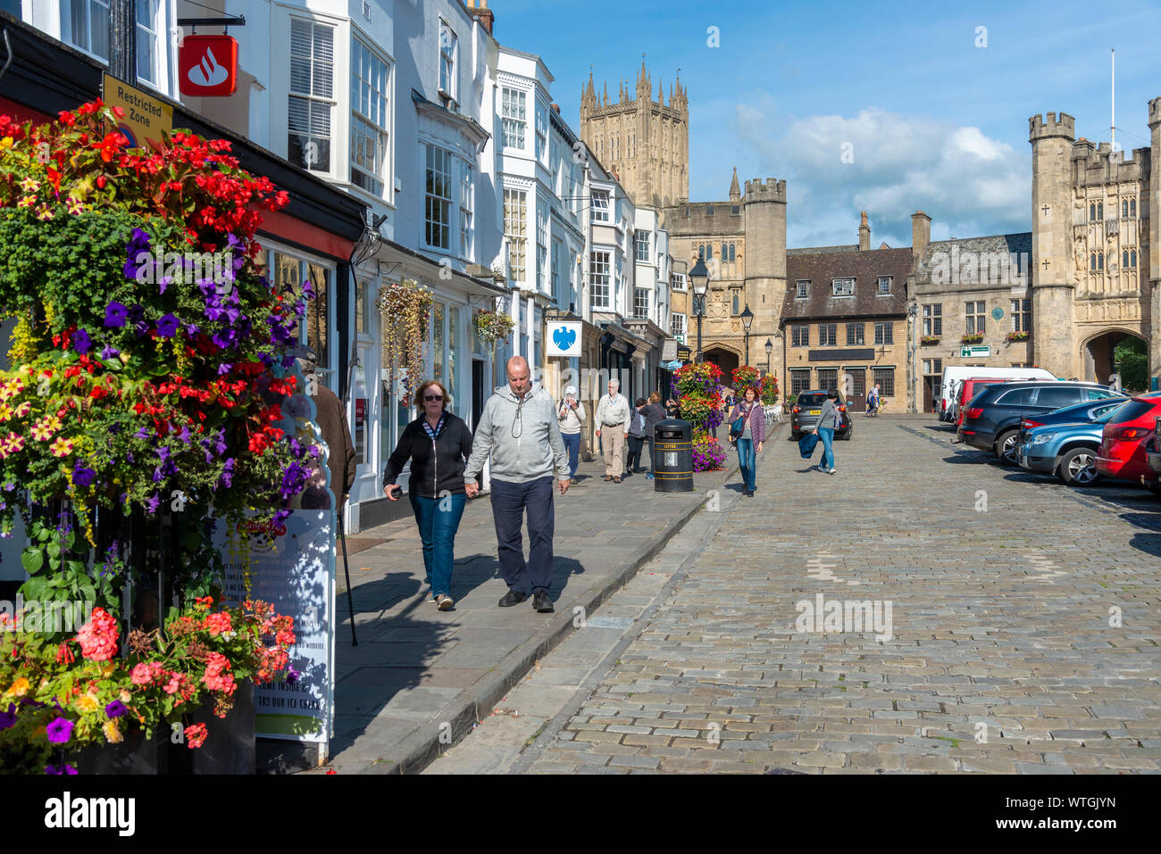 The Market Square with Cathedral in the background in the city of Wells ...