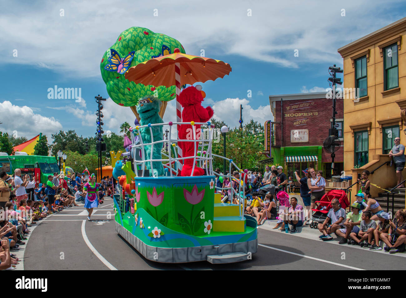 Orlando, Florida. August 28, 2019. Rosita and Elmo on colorful float in ...