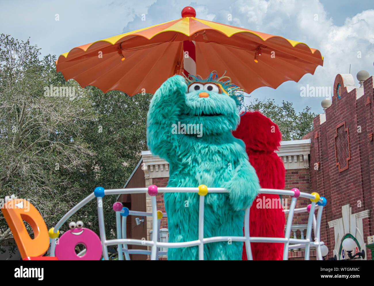 Orlando, Florida. August 28, 2019. Rosita and Elmo on colorful float in ...