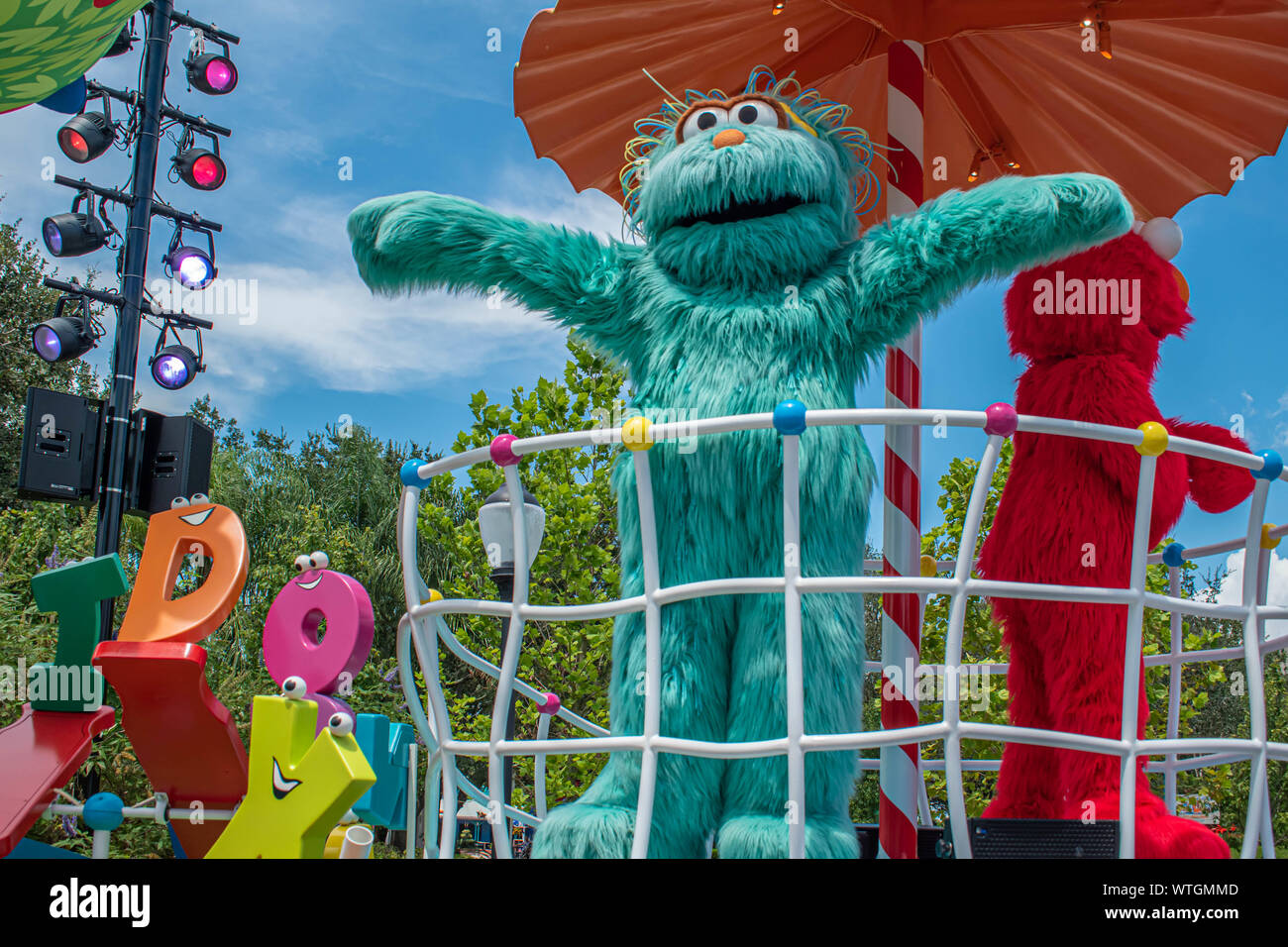 Orlando, Florida. August 28, 2019. Rosita and Elmo on colorful float in ...