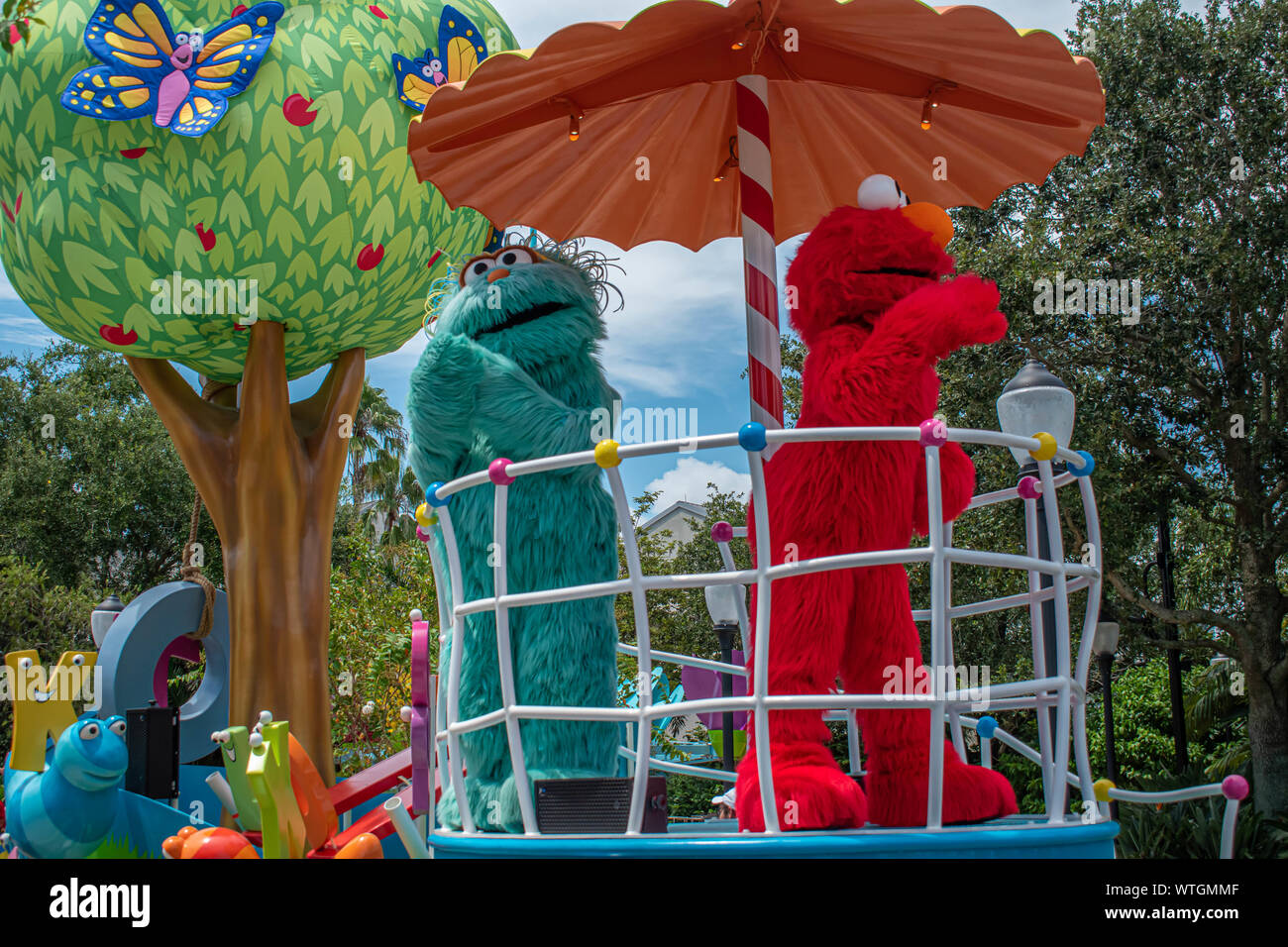 Orlando, Florida. August 28, 2019. Rosita and Elmo on colorful float in ...