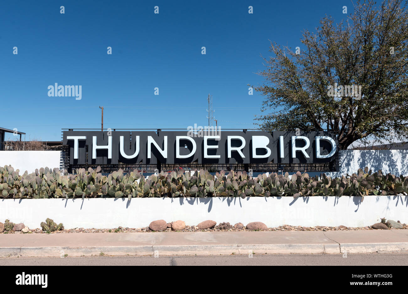 Modernist sign for the Thunderbird Motel in Marfa, a community known ...