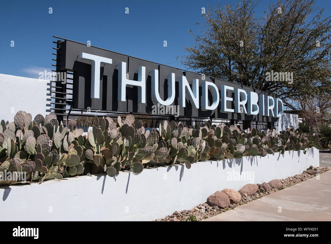 Modernist sign for the Thunderbird Motel in Marfa, a community known ...