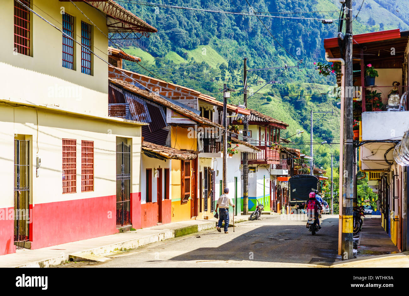 View on colonial buildings in the street of Jardin, Colombia Stock ...