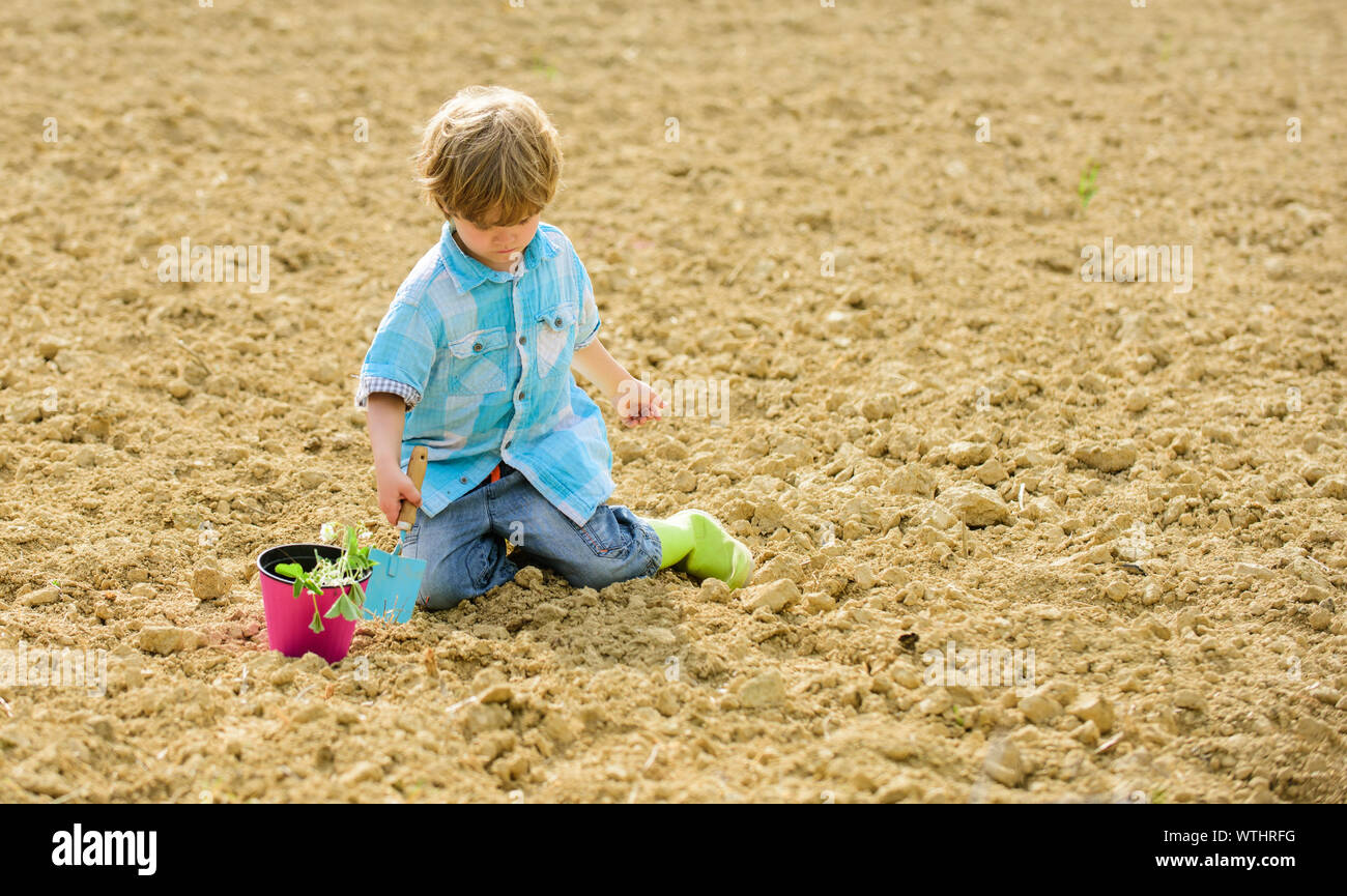 Little helper in garden. Child having fun with little shovel and plant ...