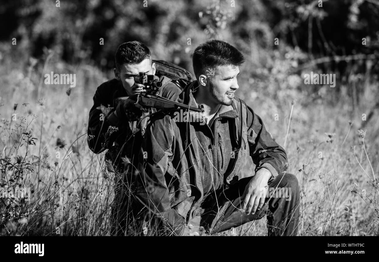 Teamwork and support. Activity for real men concept. Hunters with ...