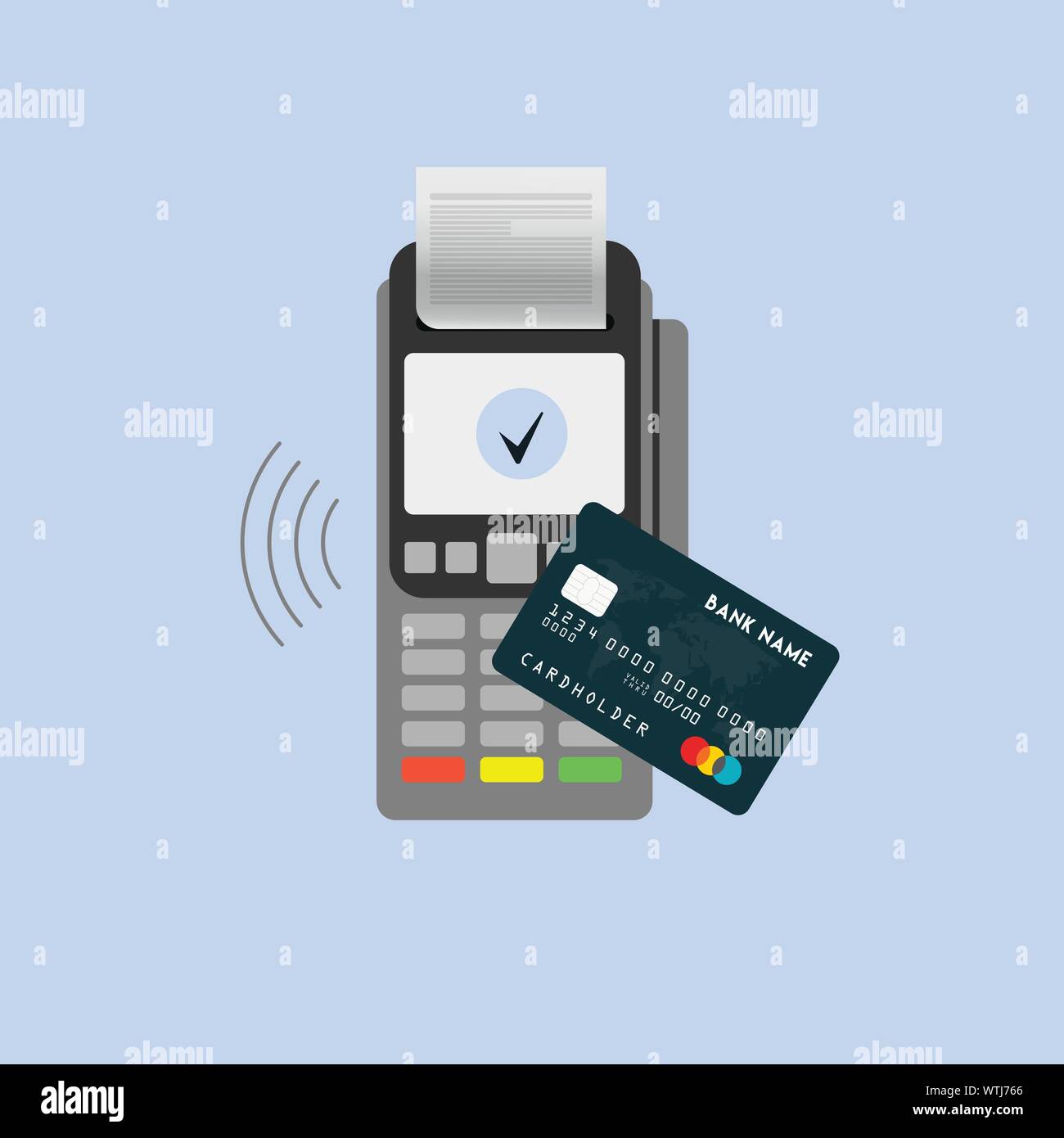 Isometric Pos terminal confirms the payment by debit credit card. Vector illustration in flat ...