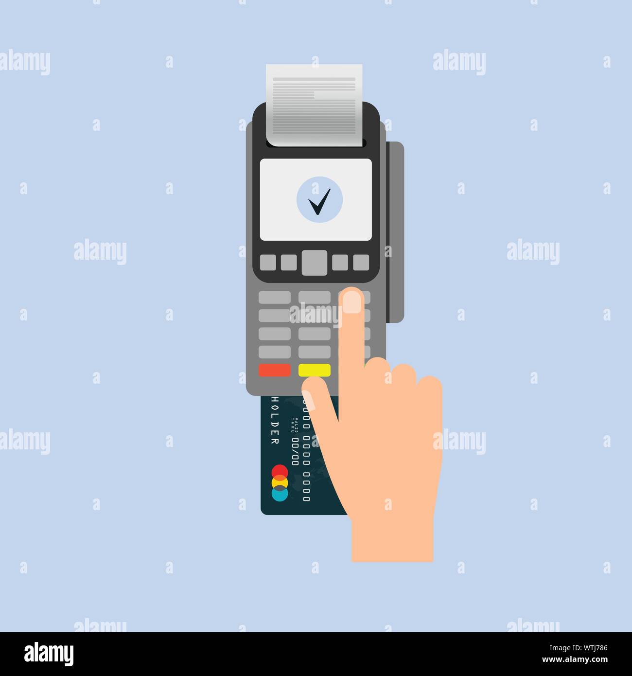 Hand inserting credit card to a POS terminal. Payment terminal . Flat ...