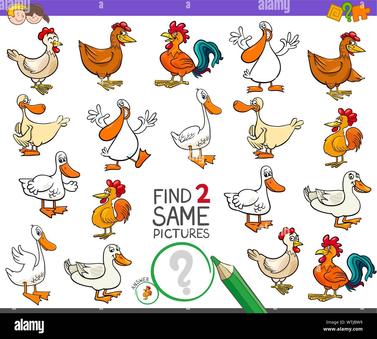 Cartoon Illustration of Finding Two Same Pictures Educational Activity ...