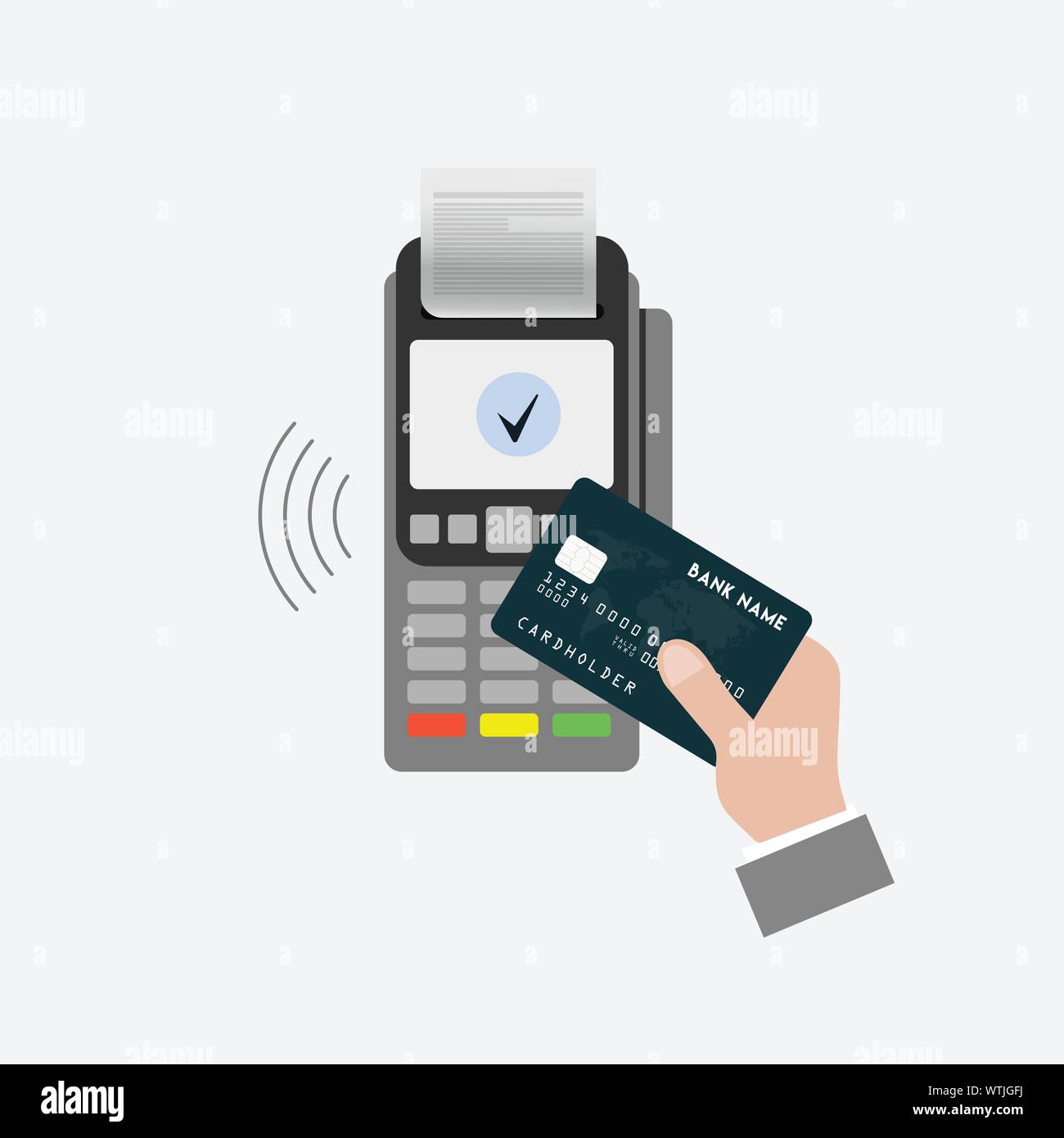 Isometric Pos terminal confirms the payment by debit credit card. Vector illustration in flat ...