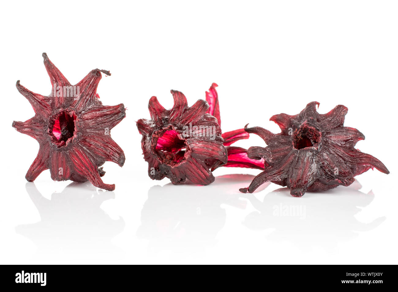 Group of three whole sweet red candied hibiscus isolated on white ...
