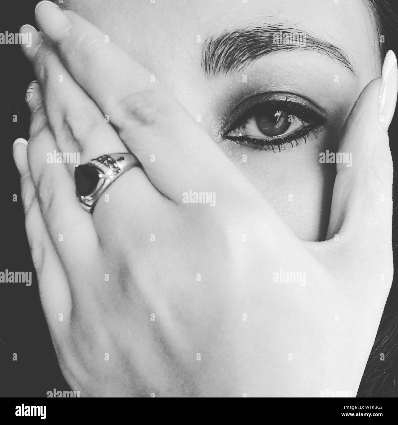 Woman face skin covering hands hi-res stock photography and images - Alamy