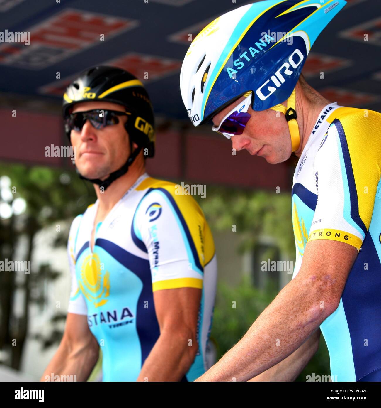 Team Astana with Lance Armstrong prepares for the team time trial in ...