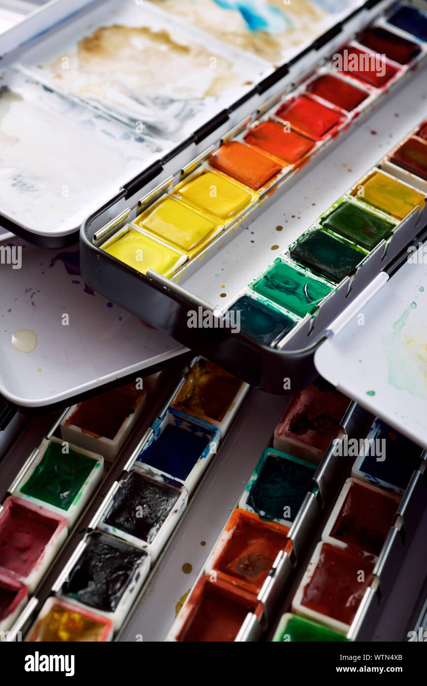 Close-up of a watercolor boxes Stock Photo - Alamy